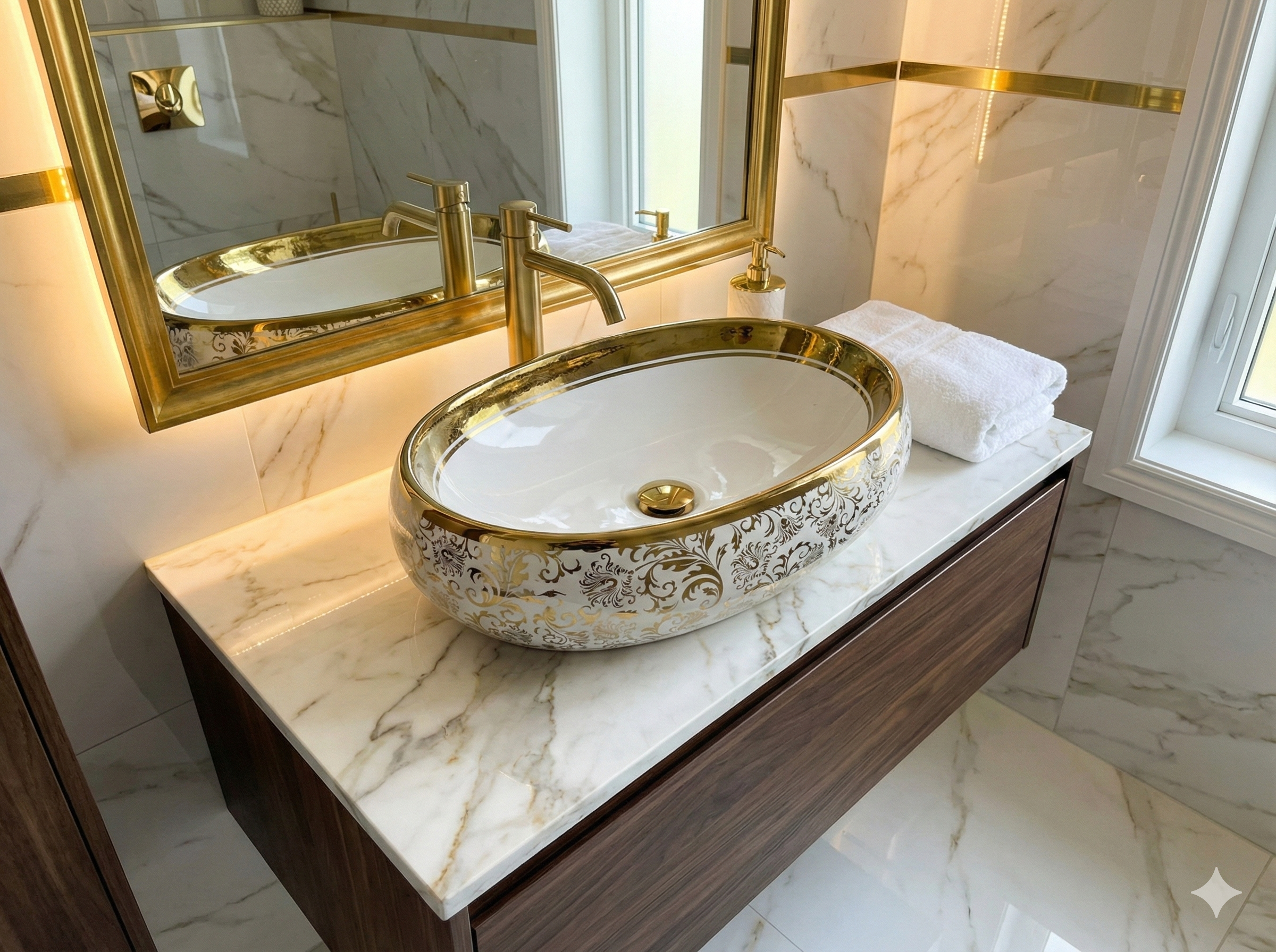 White & Gold Oval Basin – Luxury Floral Pattern – Prime Building Supplies