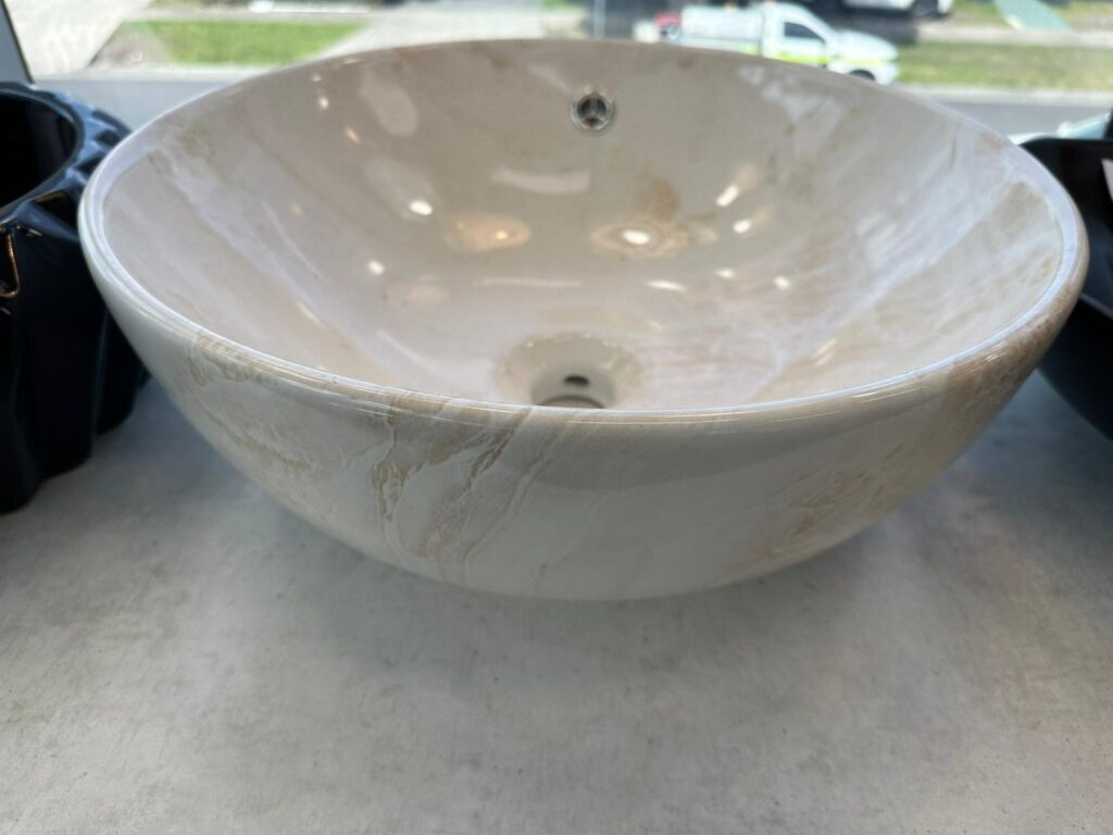 Natural Stone-Look Round Basin with Overflow – Cream & Beige Marble ...